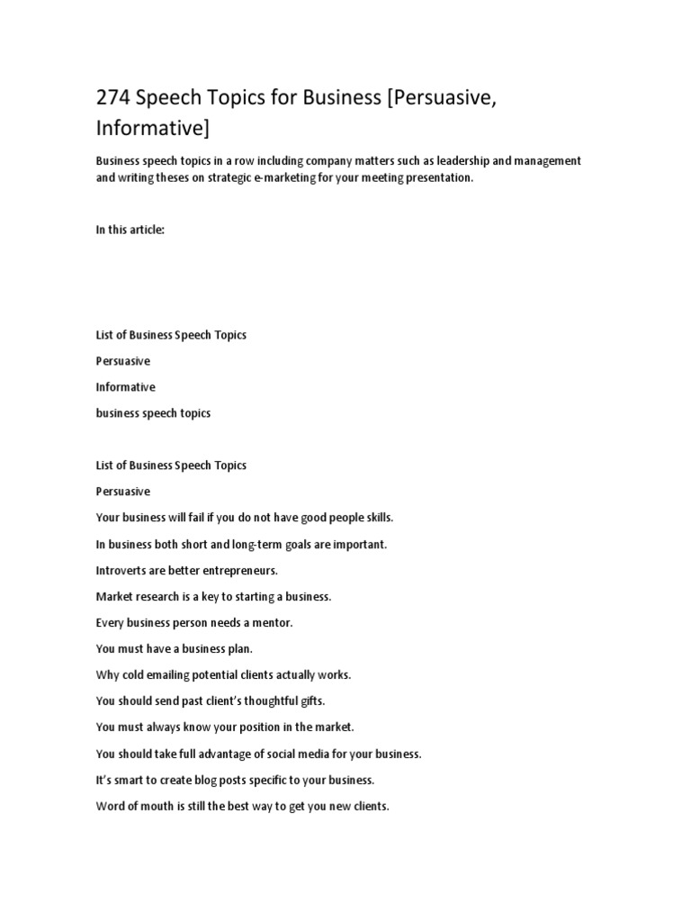 274 Speech Topics For Business | PDF | Strike Action | Employment