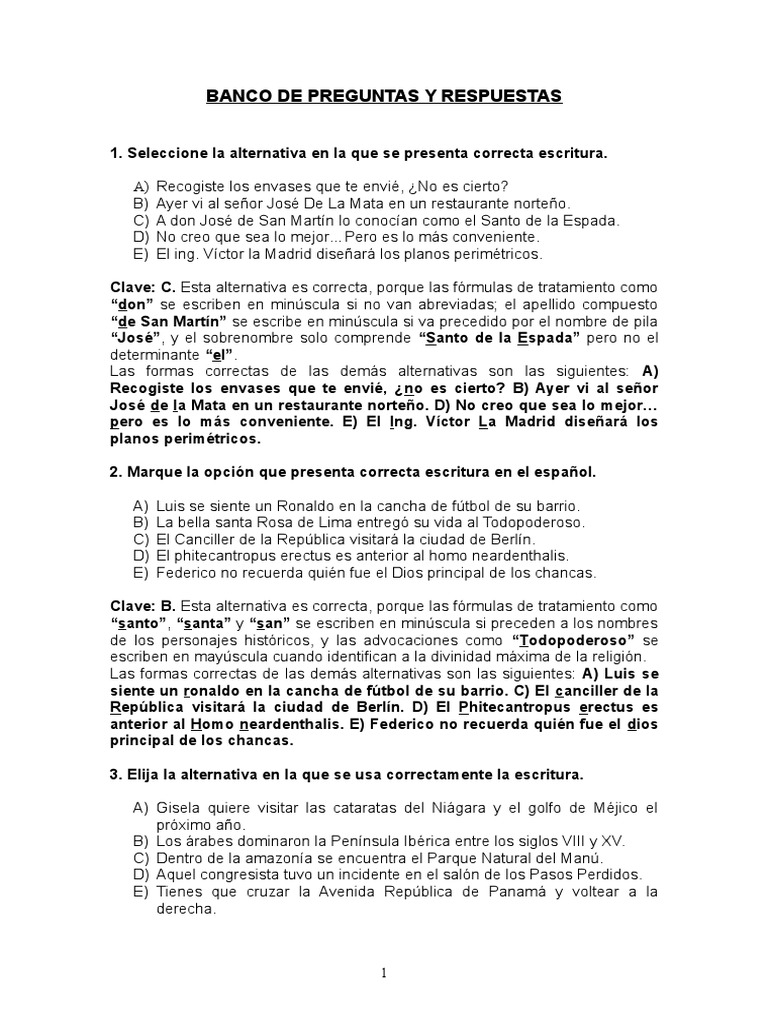 Banco de Preguntas - Ciclo Ordinario - (Uso de Las Letras Mayúsculas y ...