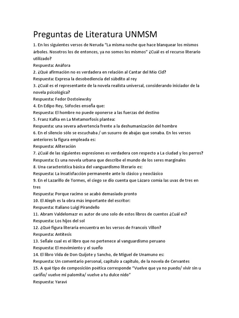 Preguntas de Literatura UNMSM 121 Preguntas | PDF | Poesía | Novelas