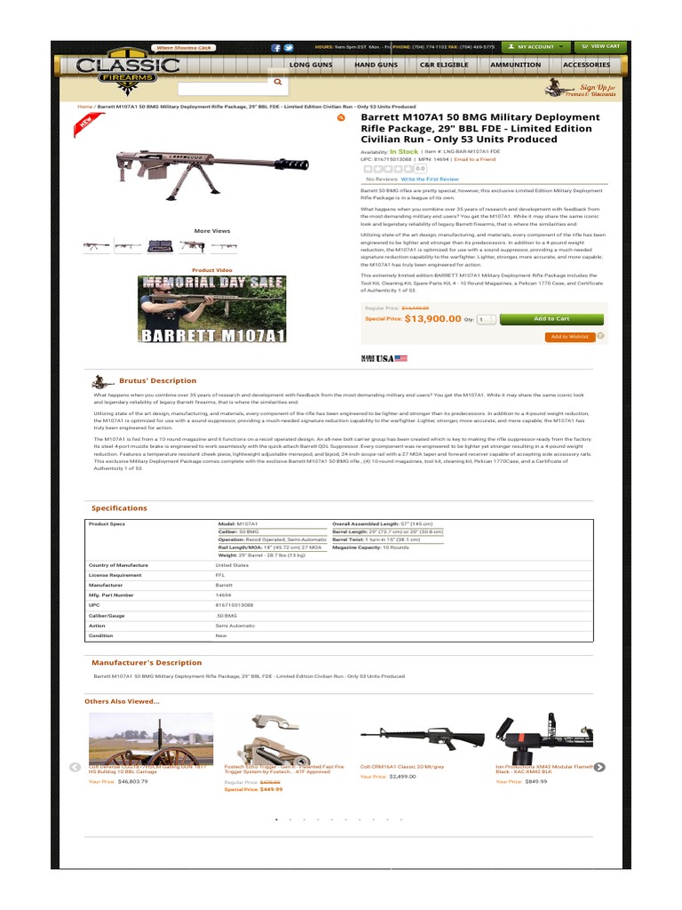 Barrett M107a1 Military Deployment Kit Fde | PDF | Rifle | Firearms