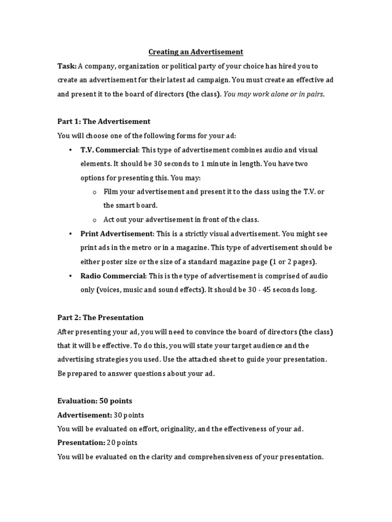 Creating An Advertisement Assignment | PDF | Advertising | Writing