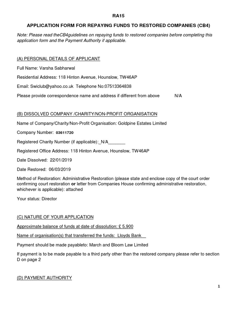 RA15 Application Form For Repaying Funds To Restored Companies (Cb4 ...