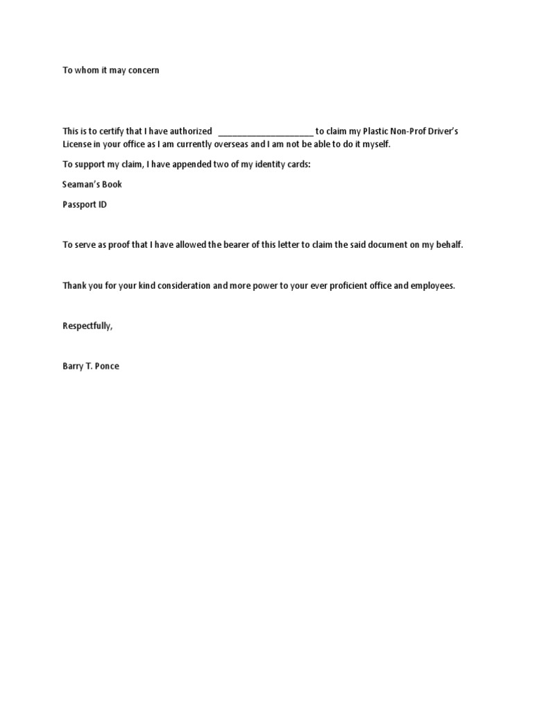 Authorization Letter for Driver's License Claim | PDF