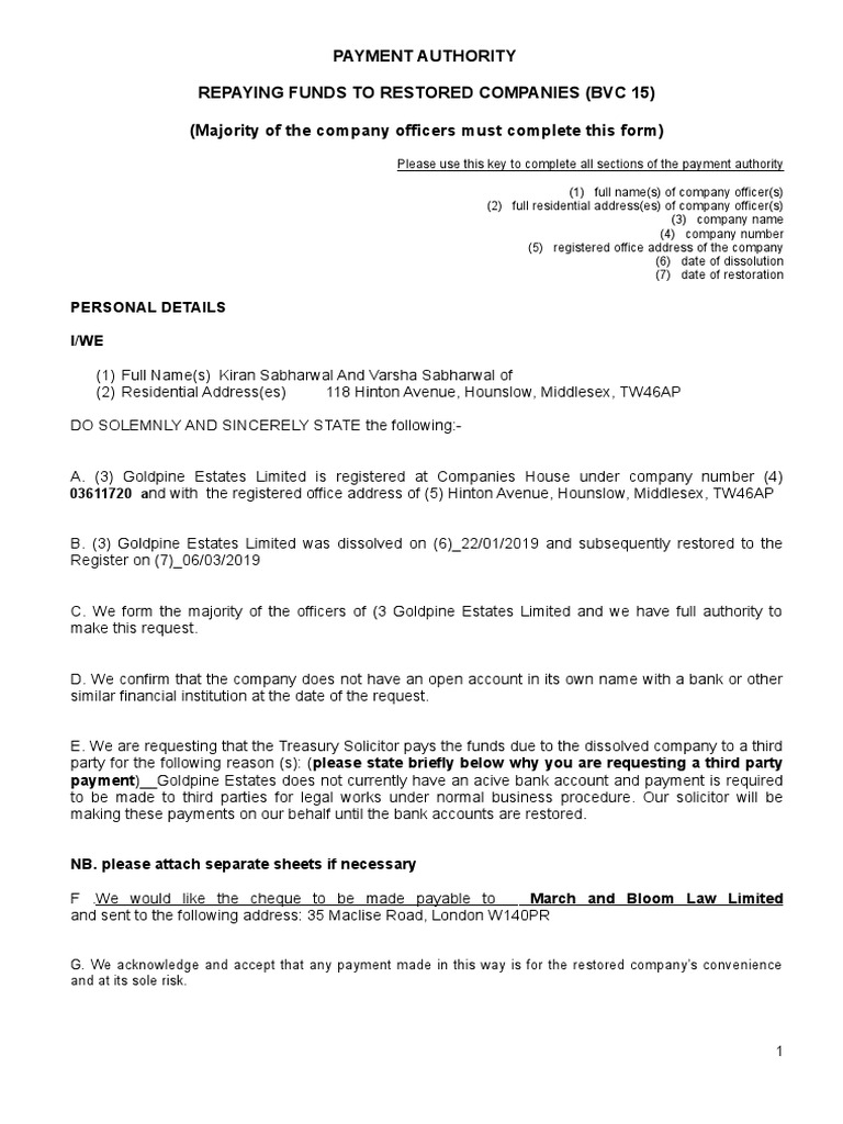 Payment Authority Repaying Funds To Restored Companies (BVC 15 ...