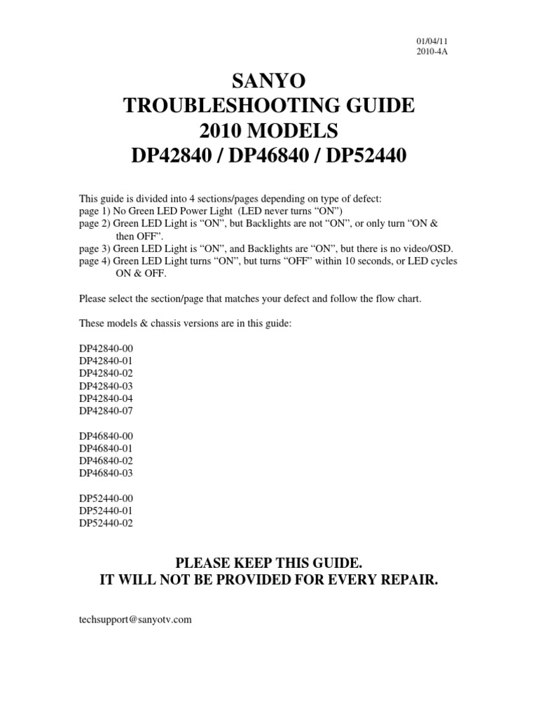 Sanyo Troubleshooting Guide 2010 MODELS DP42840 / DP46840 / DP52440 ...