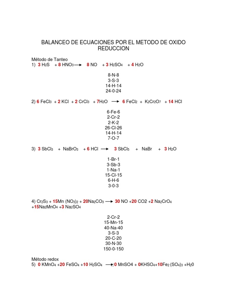 Balanceo de Ecuaciones Por El Metodo de Oxido Reduccion | PDF | Procesos unitarios | Reacciones ...