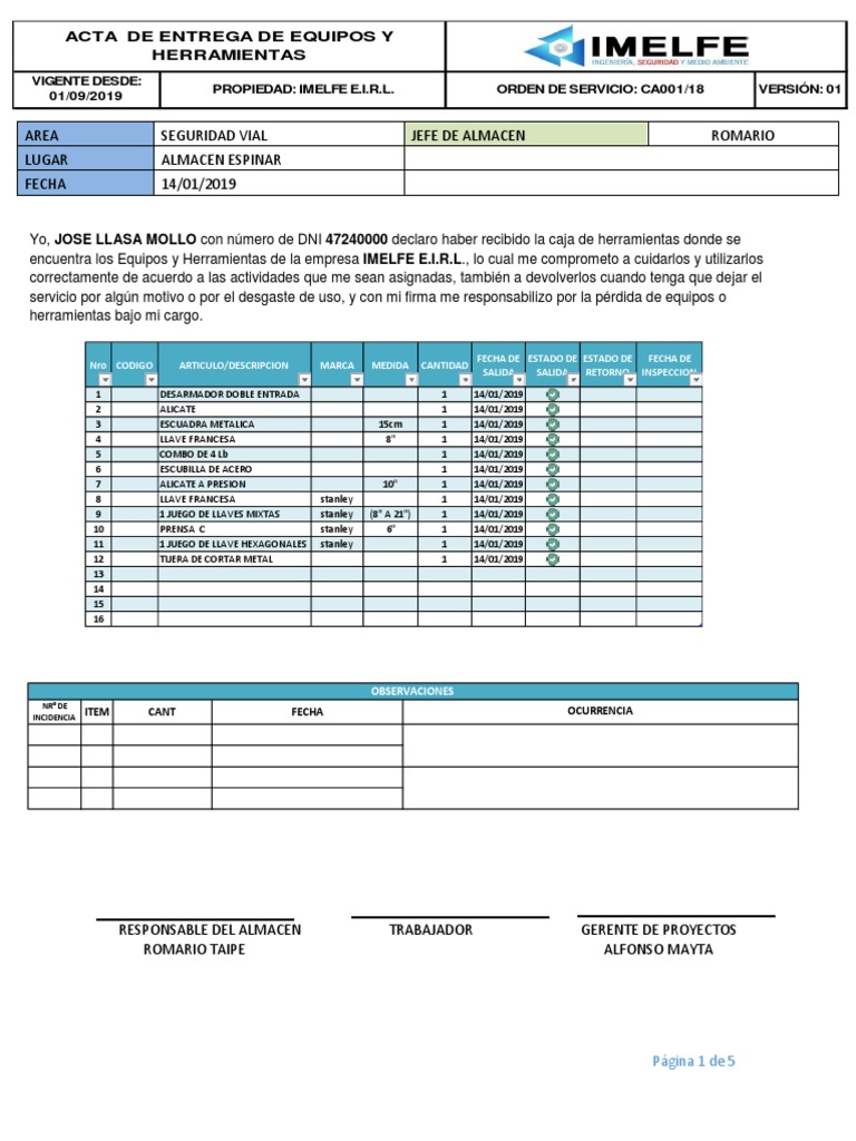 Acta De Entrega De Equipos Y Herramientas | Violencia