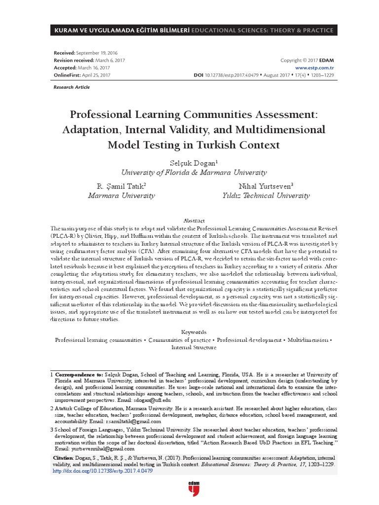 Professional Learning Communities Assessment: Adaptation, Internal ...