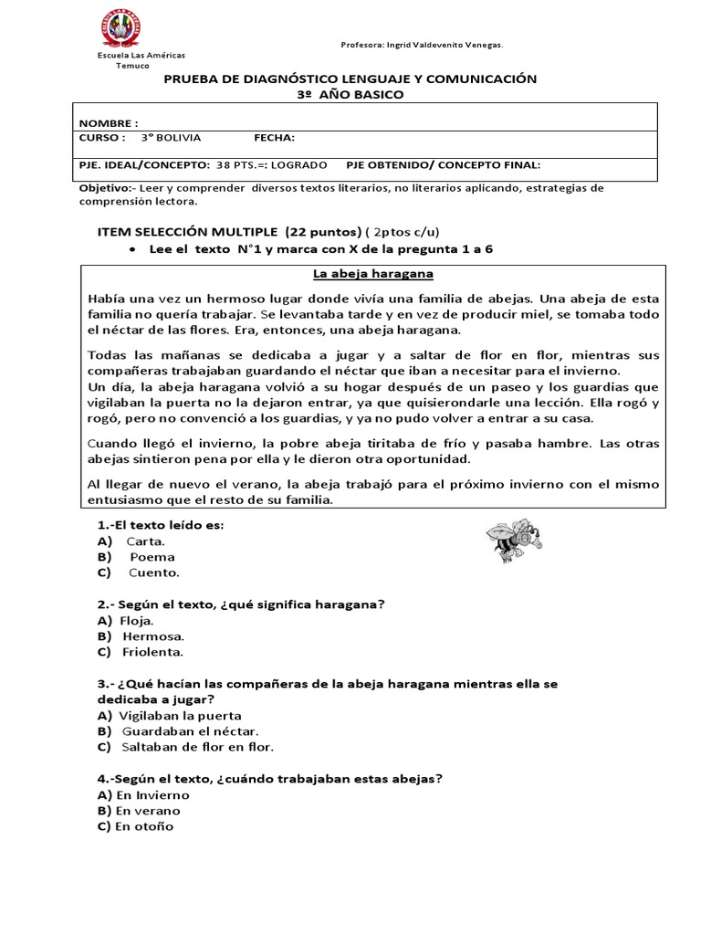 Prueba de Diagnostico Lenguaje 3 Basico 2019 | PDF | Aves