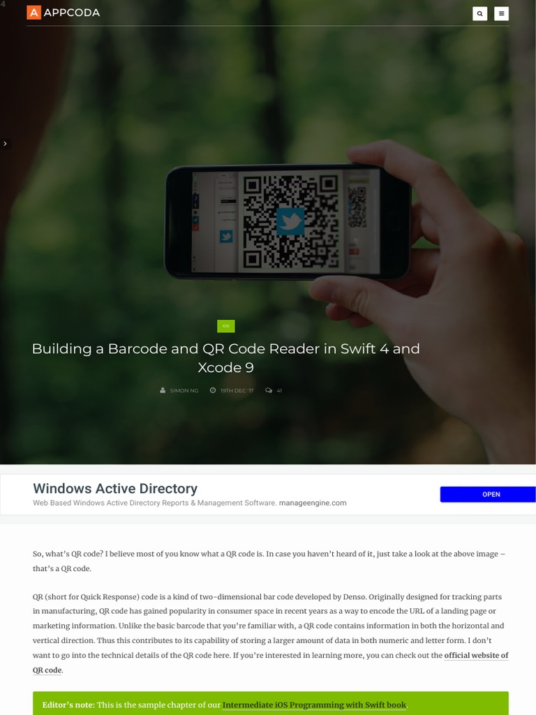 Building A Barcode And Qr Code Reader In Swift 4 And Xcode 9 Pdf Qr Code Ios