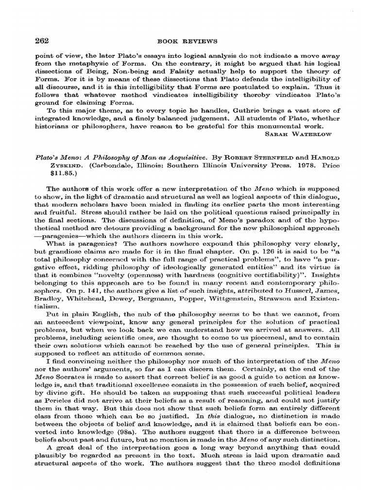 Plato's Meno: A Philosophy of Man As Acquisitive. B y ROBERT STERNTELD ...