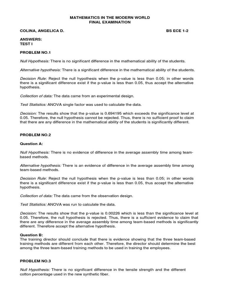 MMW Finals | PDF | P Value | Statistical Significance