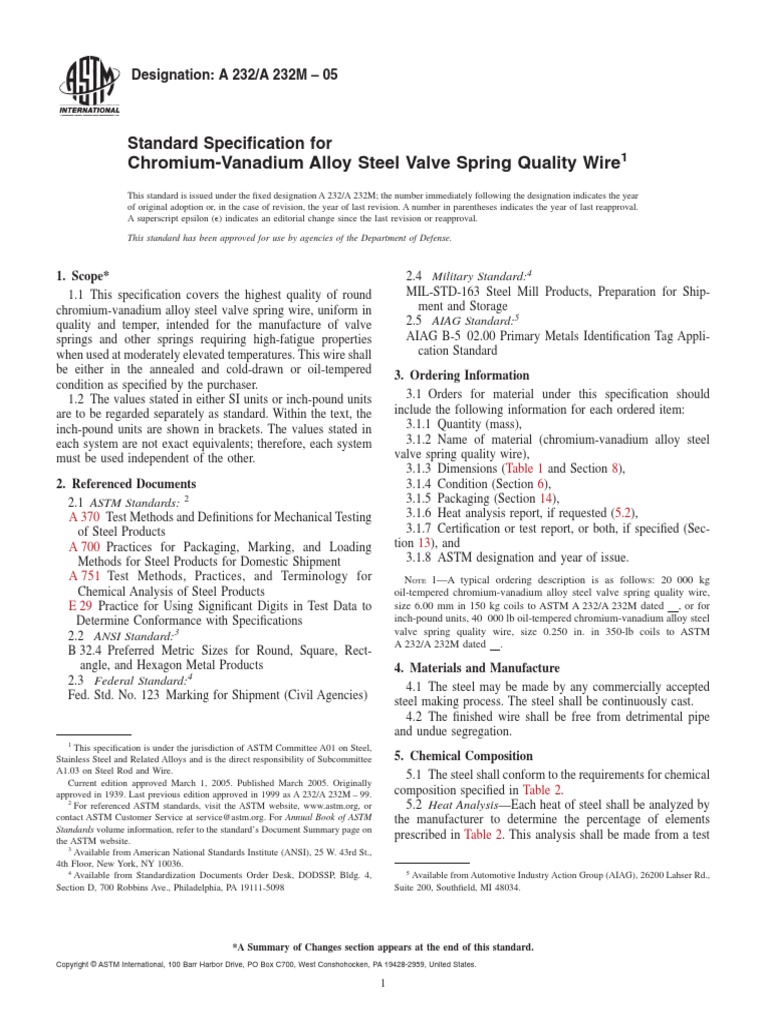 Chromium-Vanadium Alloy Steel Valve Spring Quality Wire: Standard ...