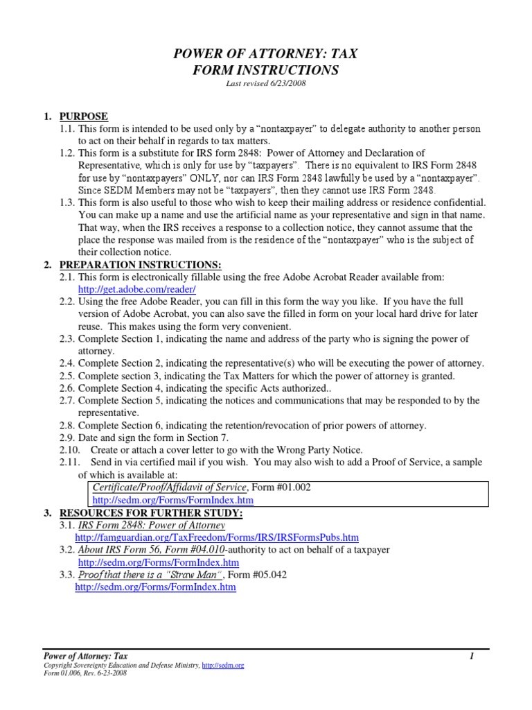 Power of Attorney: Tax Form Instructions: 1. Purpose | PDF | Internal ...