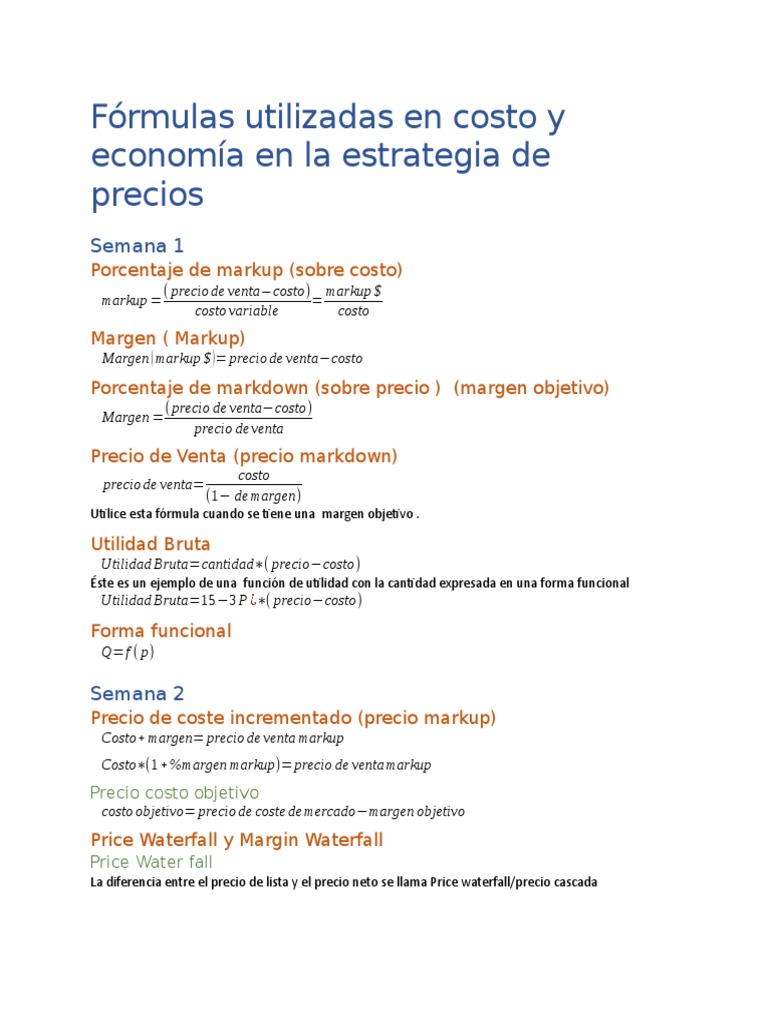 Fórmulas utilizadas en costo y economía en la estrategia de precios ...