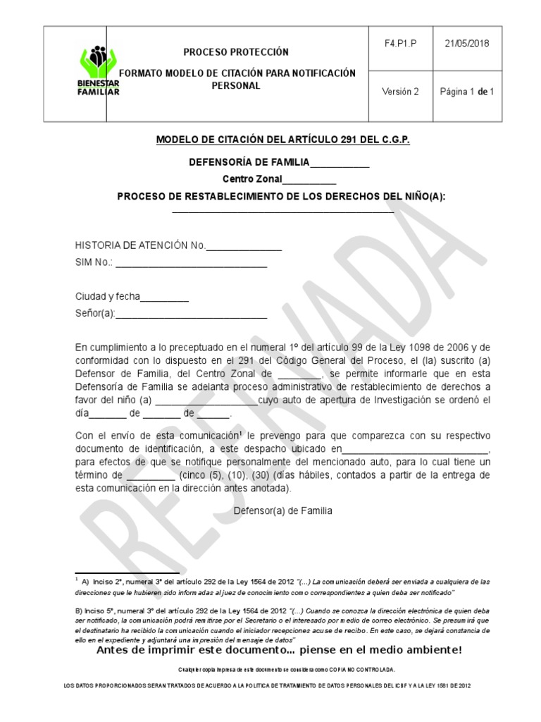 f4.p1.p Formato Modelo de Citacion para Notificacion Personal v2 | PDF ...