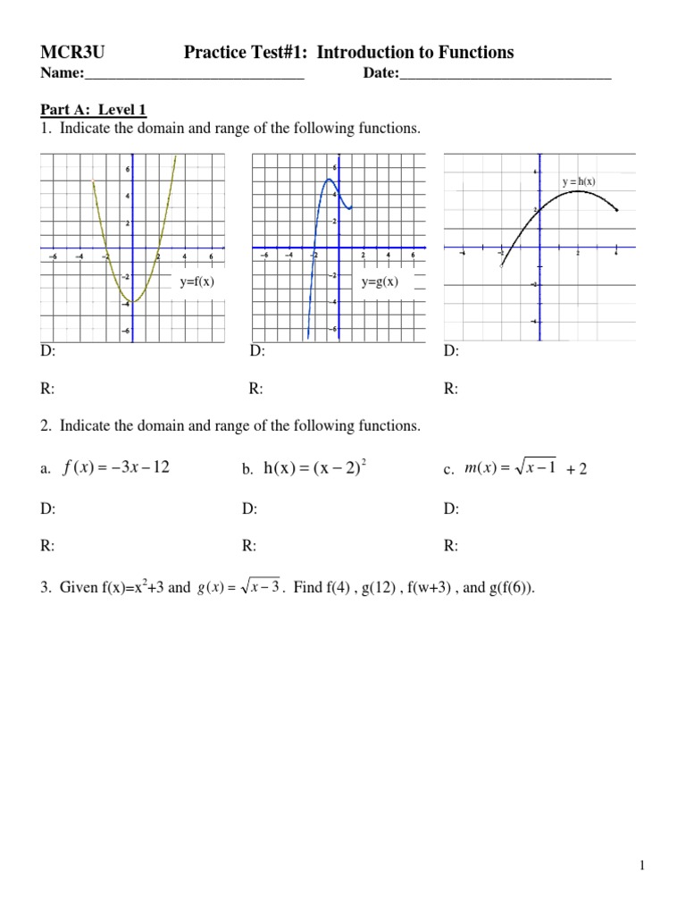 Mcr3U Practice Test#1: Introduction To Functions: 1. Indicate The ...