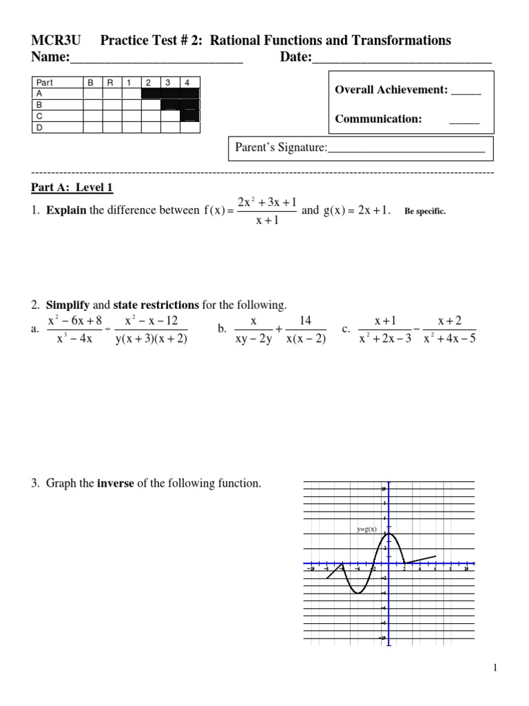 MCR3U Practice Test # 2: Rational Functions and Transformations Name ...