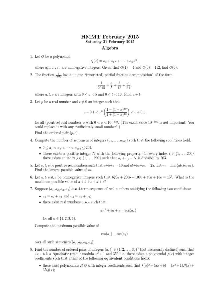 HMMT February 2015 Algebra Problems | PDF | Polynomial | Real Number