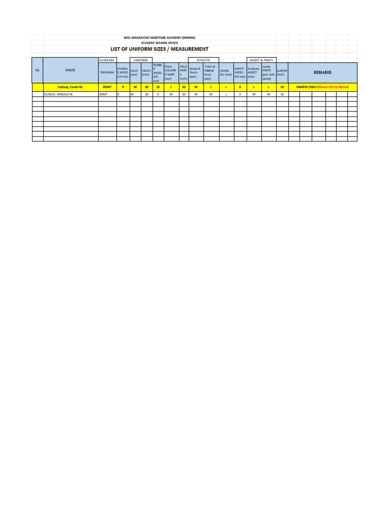 MMMA Student Uniform Sizes | PDF | Military Uniforms | Clothing