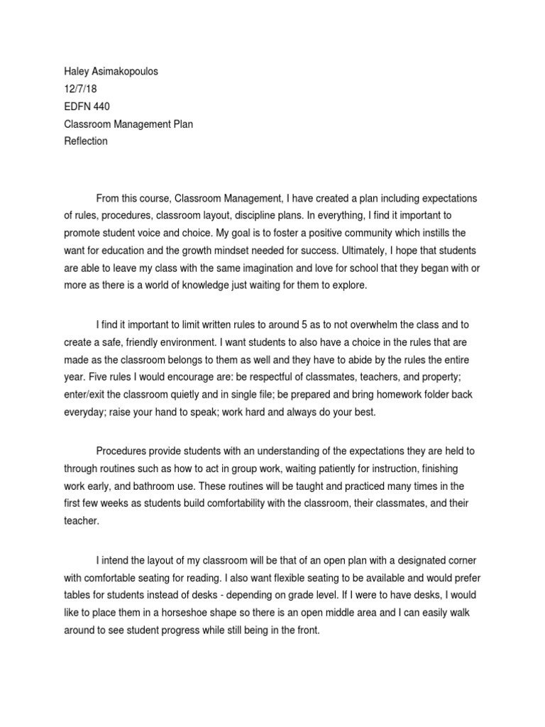 Classroom Management Reflection Plan | PDF | Classroom Management ...