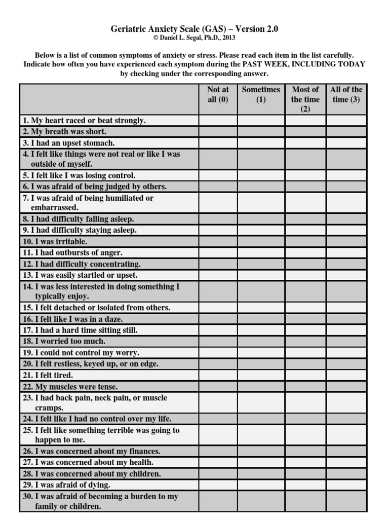 Geriatric Anxiety Scale v2.0 FINAL | PDF | Affect (Psychology) | Anxiety