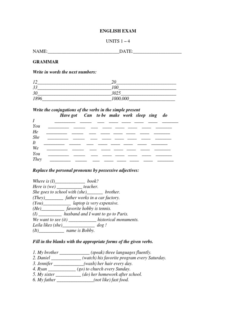 English Exam 1-4 | PDF | Grammatical Conjugation | Syntax