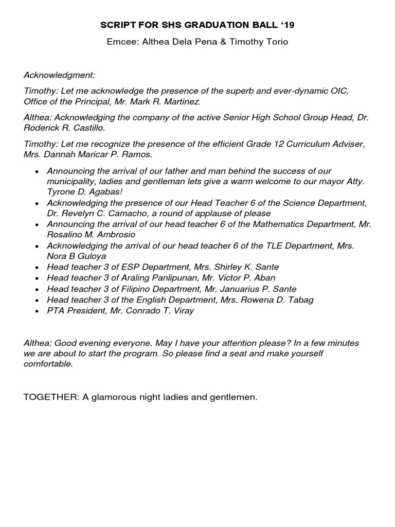 Script For Shs Graduation Ball 19: Emcee: Althea Dela Pena & Timothy ...