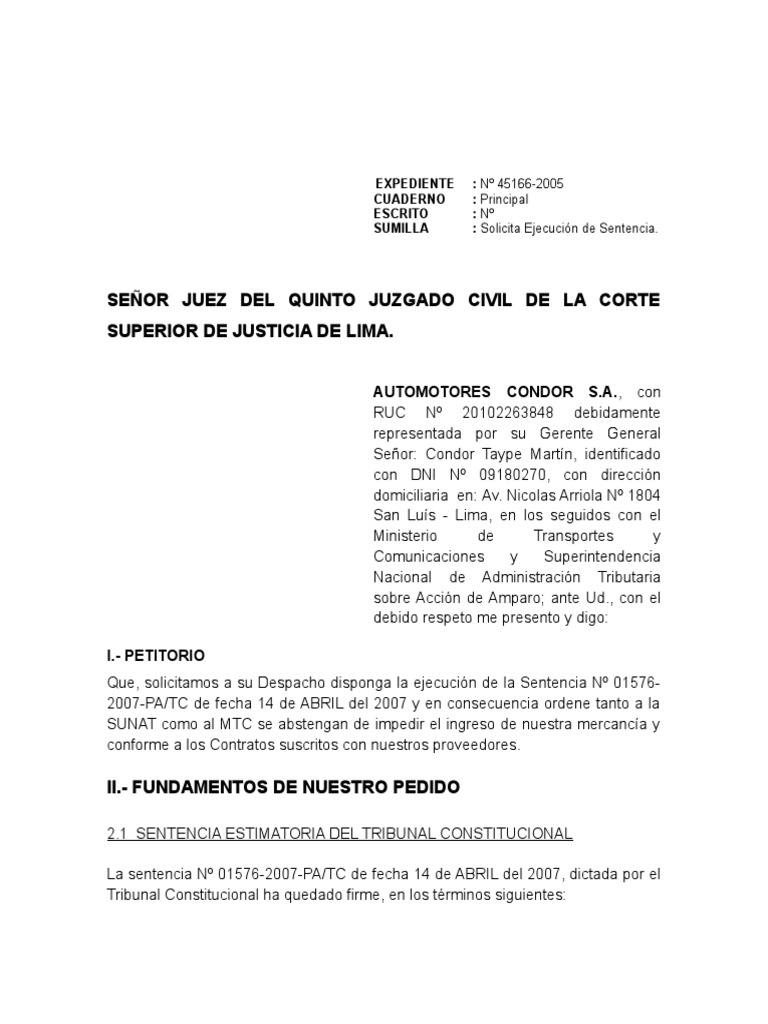 Solicita Ejecucion de Sentencia | Ley procesal | Sentencia (ley)