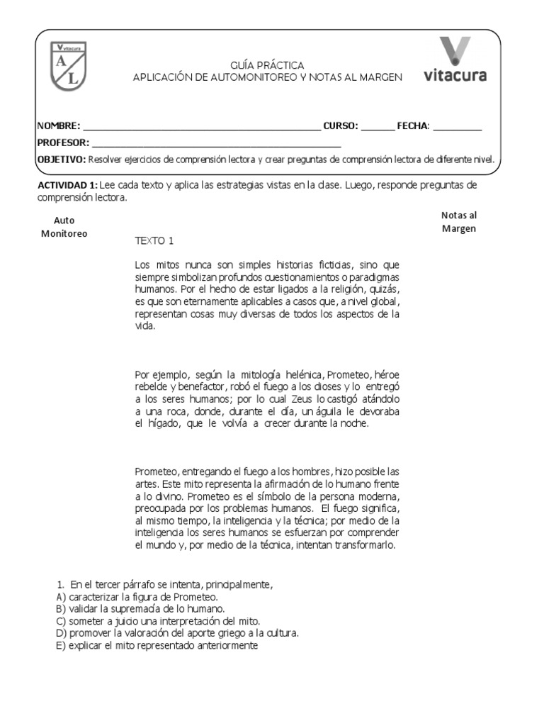 Guía Comprensión Lectora - Notas Al Margen e Ideas Principales | PDF ...