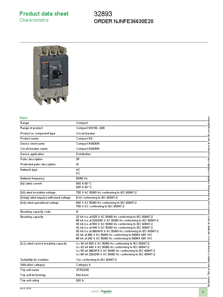 Compact NS630N Circuit Breaker Data Sheet | PDF | Alternating Current ...