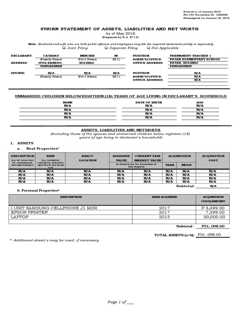 Sworn Statement of Assets, Liabilities and Net Worth | PDF | Identity ...