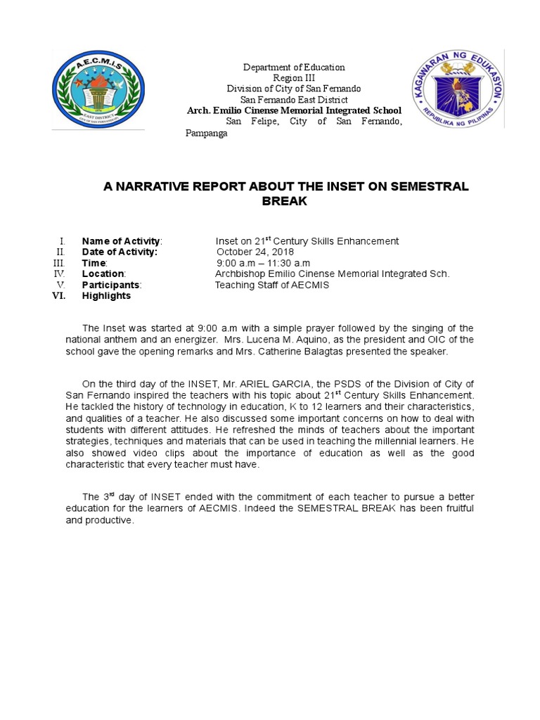 A Narrative Report About The Inset On Semestral Break