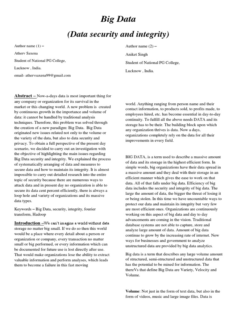 Big Data: (Data Security and Integrity) | PDF | Cryptography | Information Security
