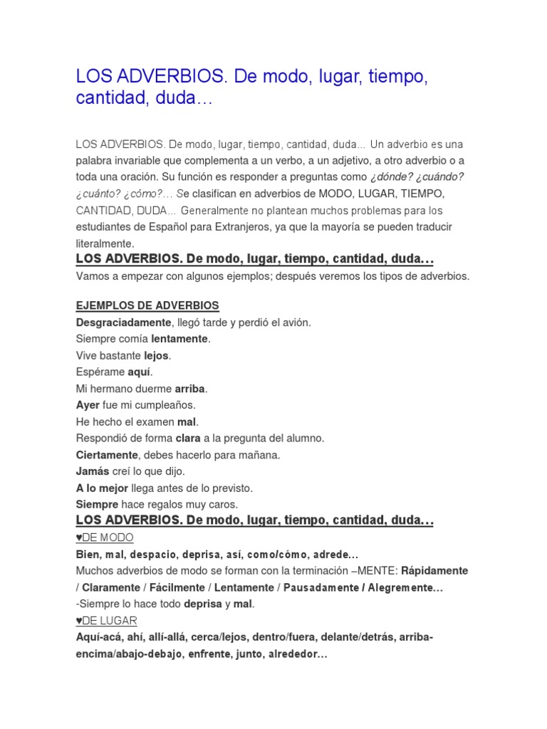 Adverbios | PDF | Adverbio | Tipología Lingüística