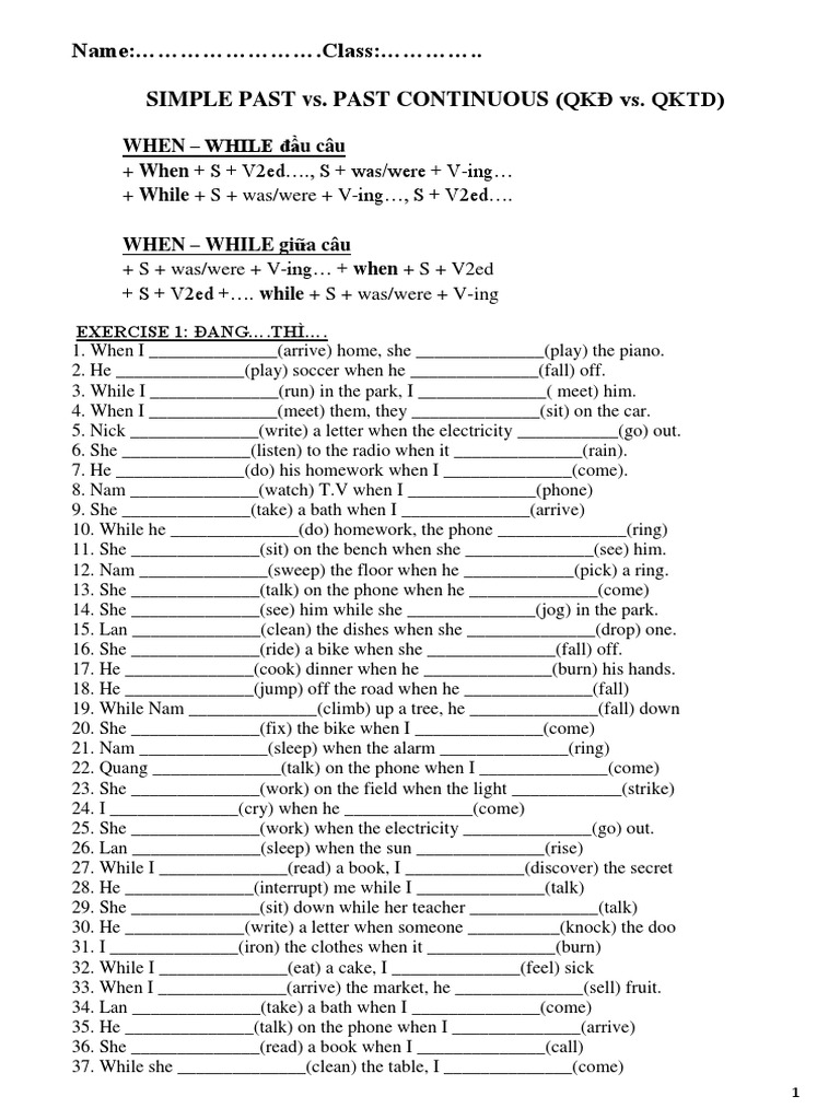 Name Class Simple Past Vs Past Continuous QK Vs QKTD PDF