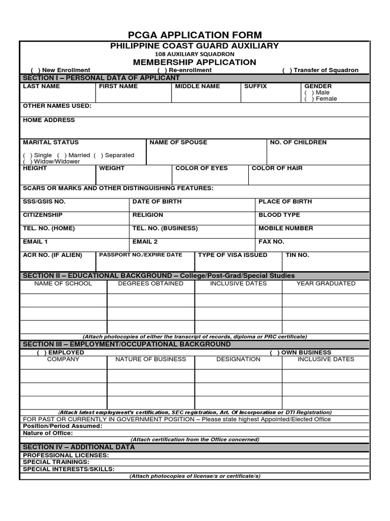 Pcga Application Form: Philippine Coast Guard Auxiliary Membership ...