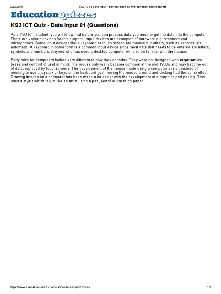 Ks3 Ict - Data - Quiz | PDF | Computer Keyboard | Input/Output