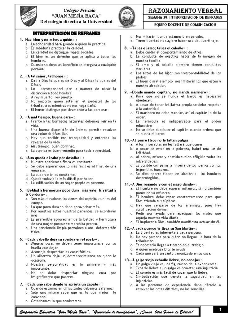Interpretacion de Refranes - Semana 29 | PDF
