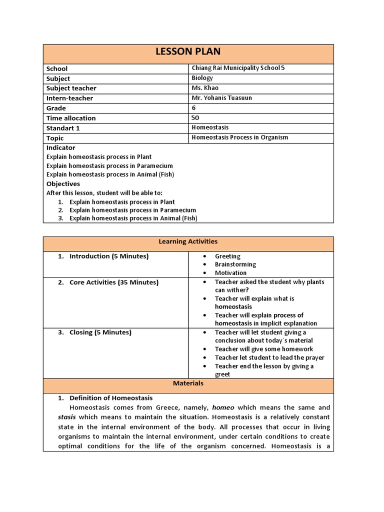 Lesson Plan Homeostasis 1 | Download Free PDF | Homeostasis | Physiology