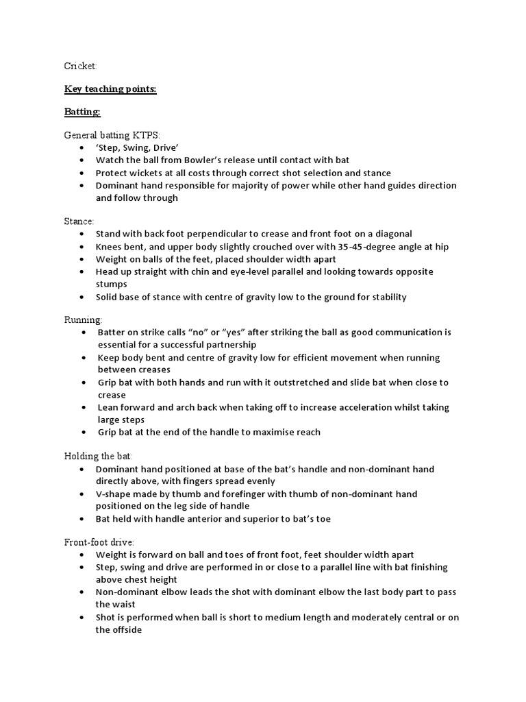 Key Teaching Points: Batting | PDF | Bowling (Cricket) | Cricket Skills