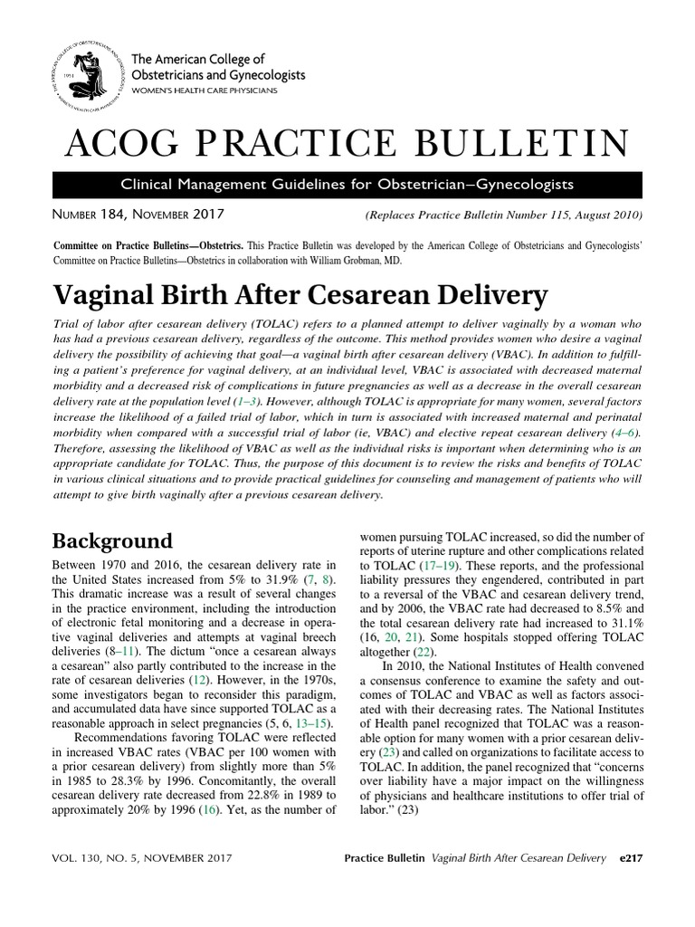 Acog PB184 Vbac 2017 PDF | PDF | Childbirth | Caesarean Section