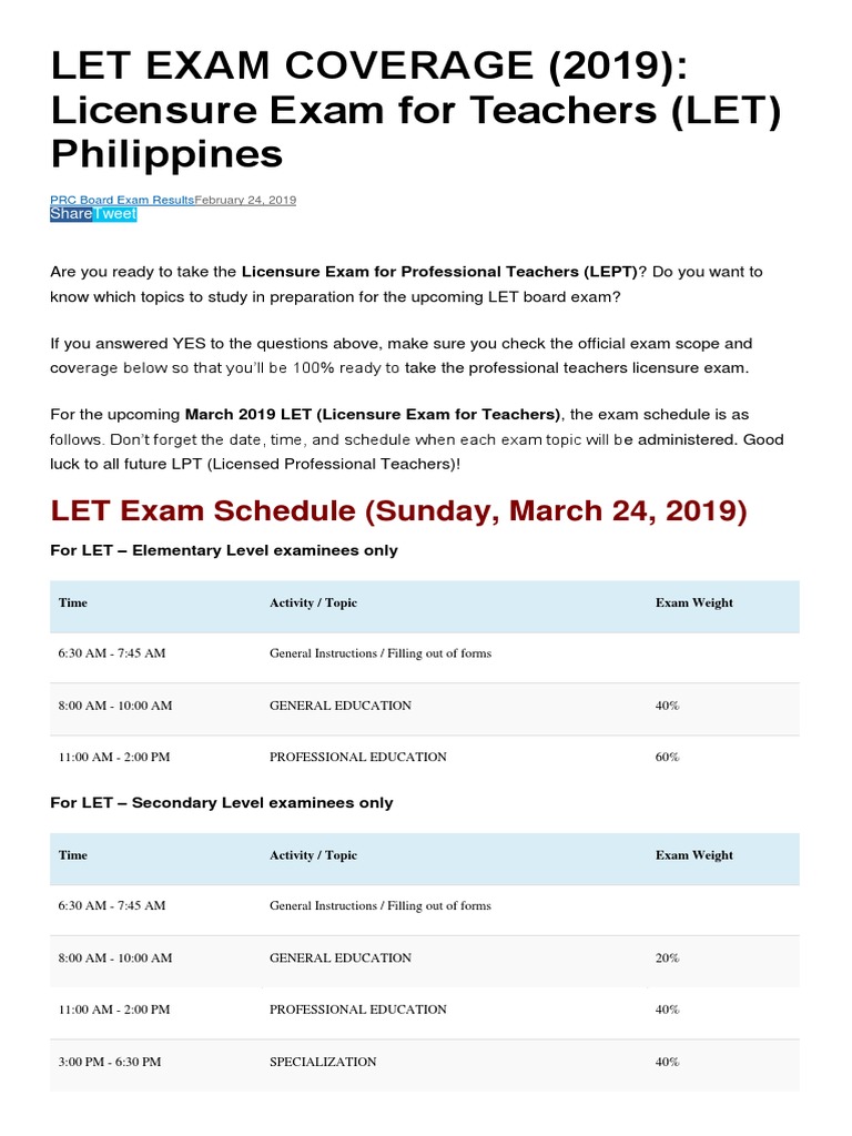 LET Exam Coverage and Subjects 2019 | PDF | Social Science | Curriculum