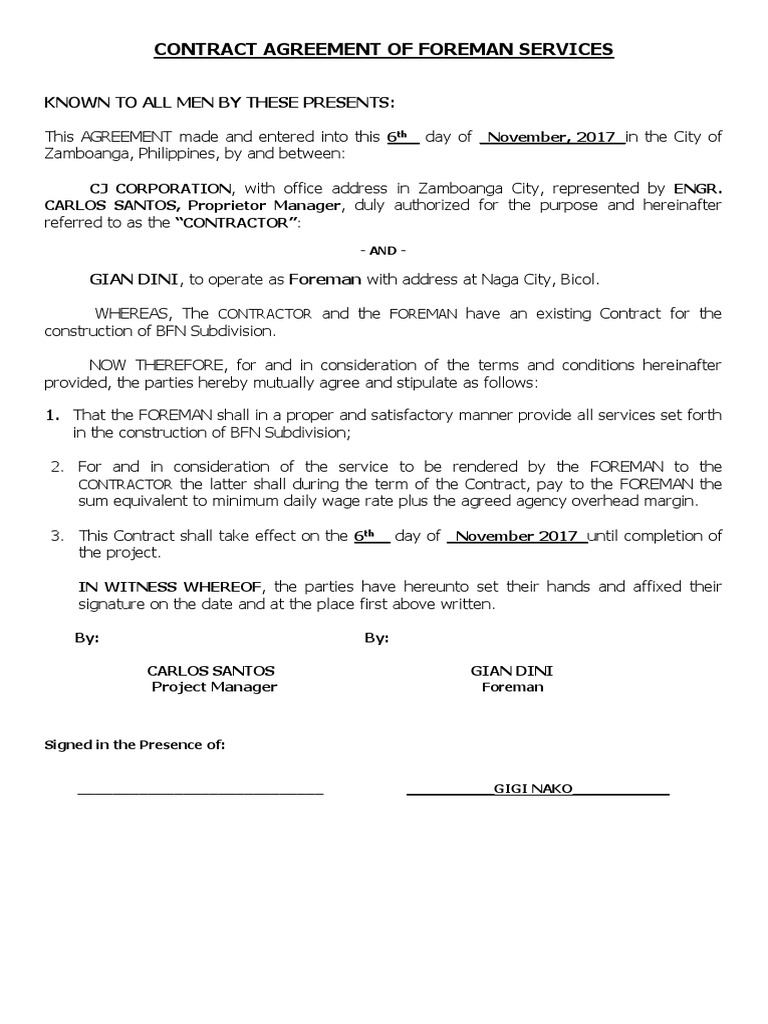Contract-Agreement-Of - Foreman | PDF | Contract Law | Law Of Obligations