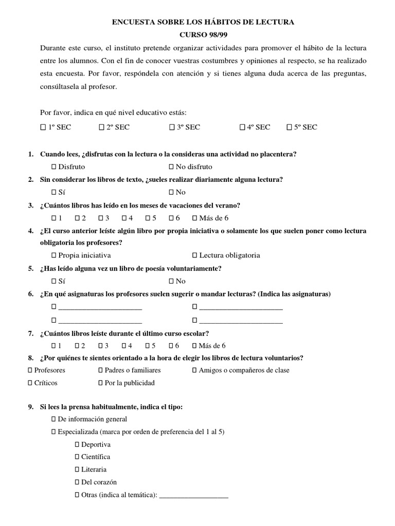 Encuesta sobre Hábitos de Lectura 98/99 | PDF