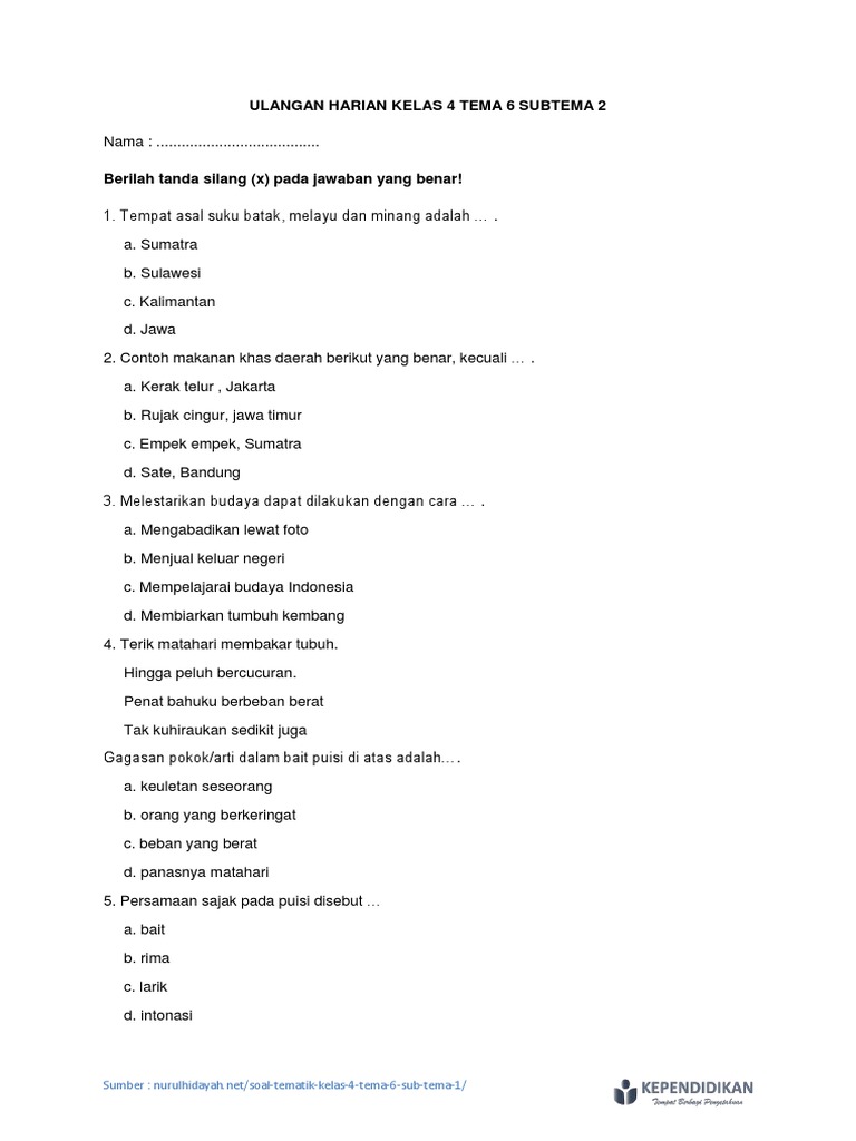 Ulangan Harian Kelas 4 Tema 6 Subtema 2 PDF | PDF | Seni
