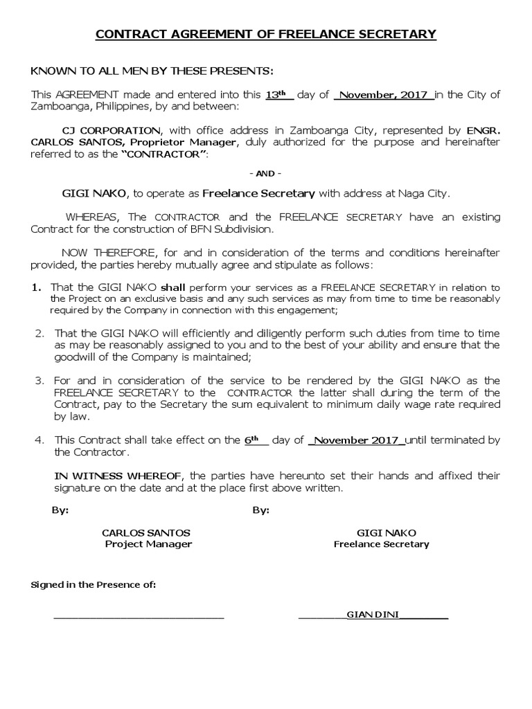 Contract Agreement Of Freelance Secretary: Known To All Men By These ...