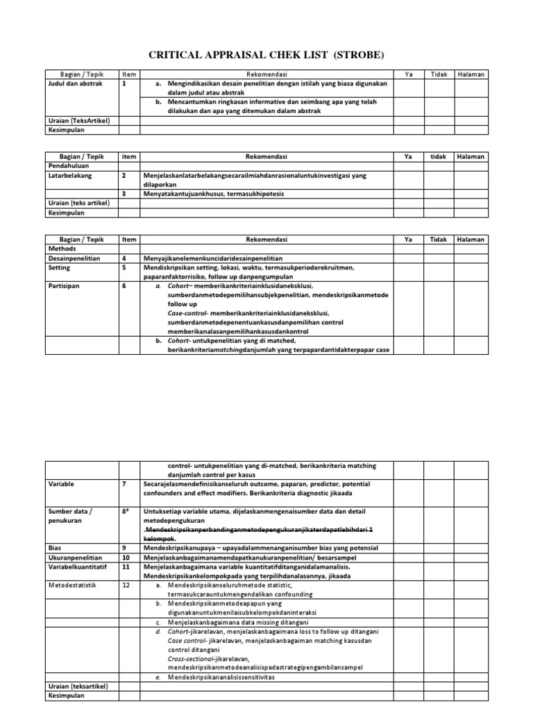 Tabel Critical Appraisal Chek List Asli | PDF