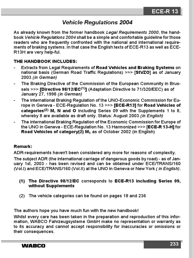 Vehicle Regulations 2004: ECE-R 13 | Brake | Vehicles
