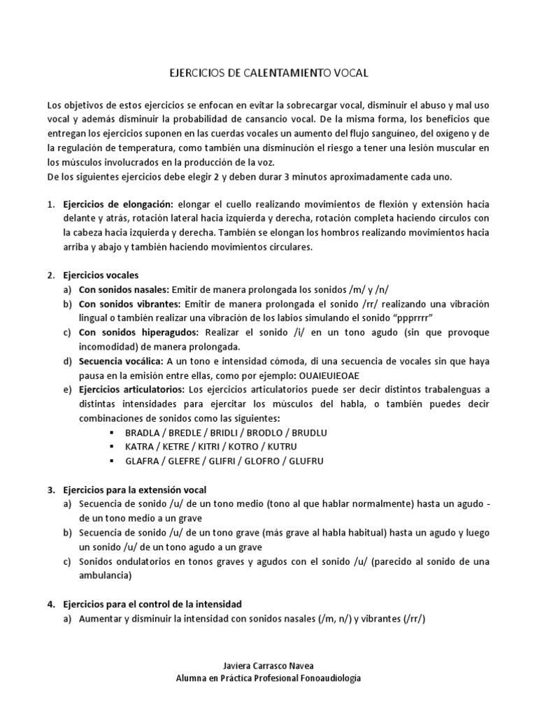 Ejercicios de Calentamiento y Enfriamiento Vocal | PDF | Sonido | Vocal